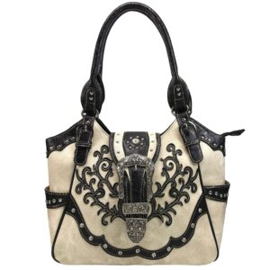 Zelris American Albino Western Floral Buckle Conceal Carry Women Tote Purse Handbag with Crossbody Wallet Set (Beige)