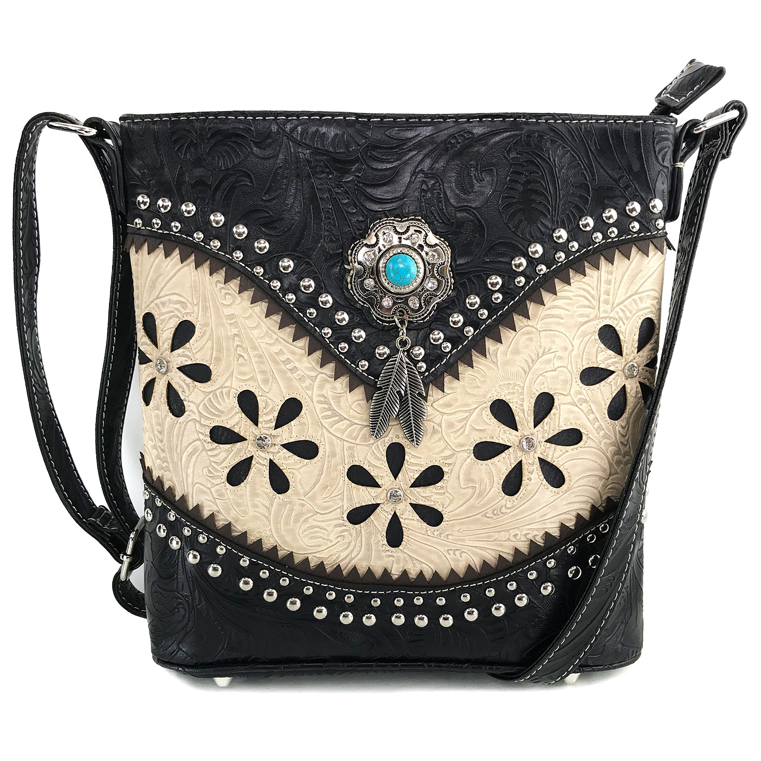 Justin West Turquoise Stone Concho Feathers Western Tooled Studs Concealed Carry Handbag Purse (Beige Messenger Only)