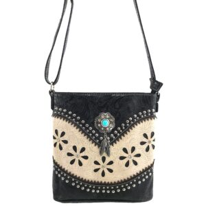 Justin West Turquoise Stone Concho Feathers Western Tooled Studs Concealed Carry Handbag Purse (Beige Messenger Only)