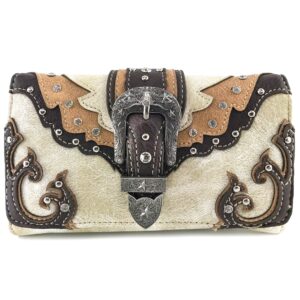 justin west longhorn texas star tooled buckle shoulder handbag purse stud rhinestone cross concealed carry (beige wallet)