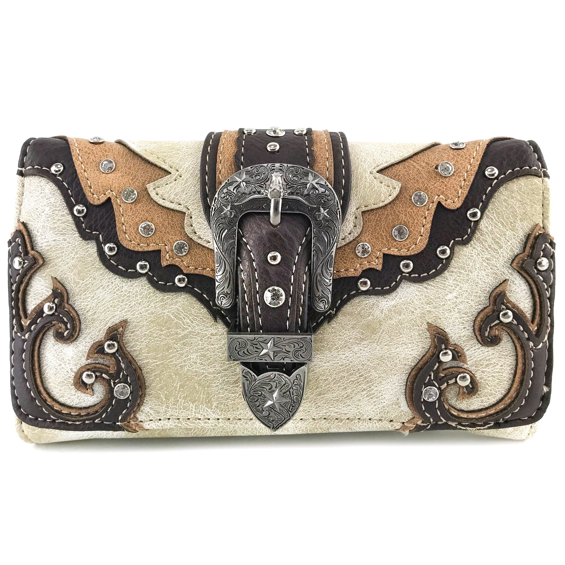 Justin West Longhorn Texas Star Tooled Buckle Shoulder Handbag Purse Stud Rhinestone Cross Concealed Carry (Beige wallet)