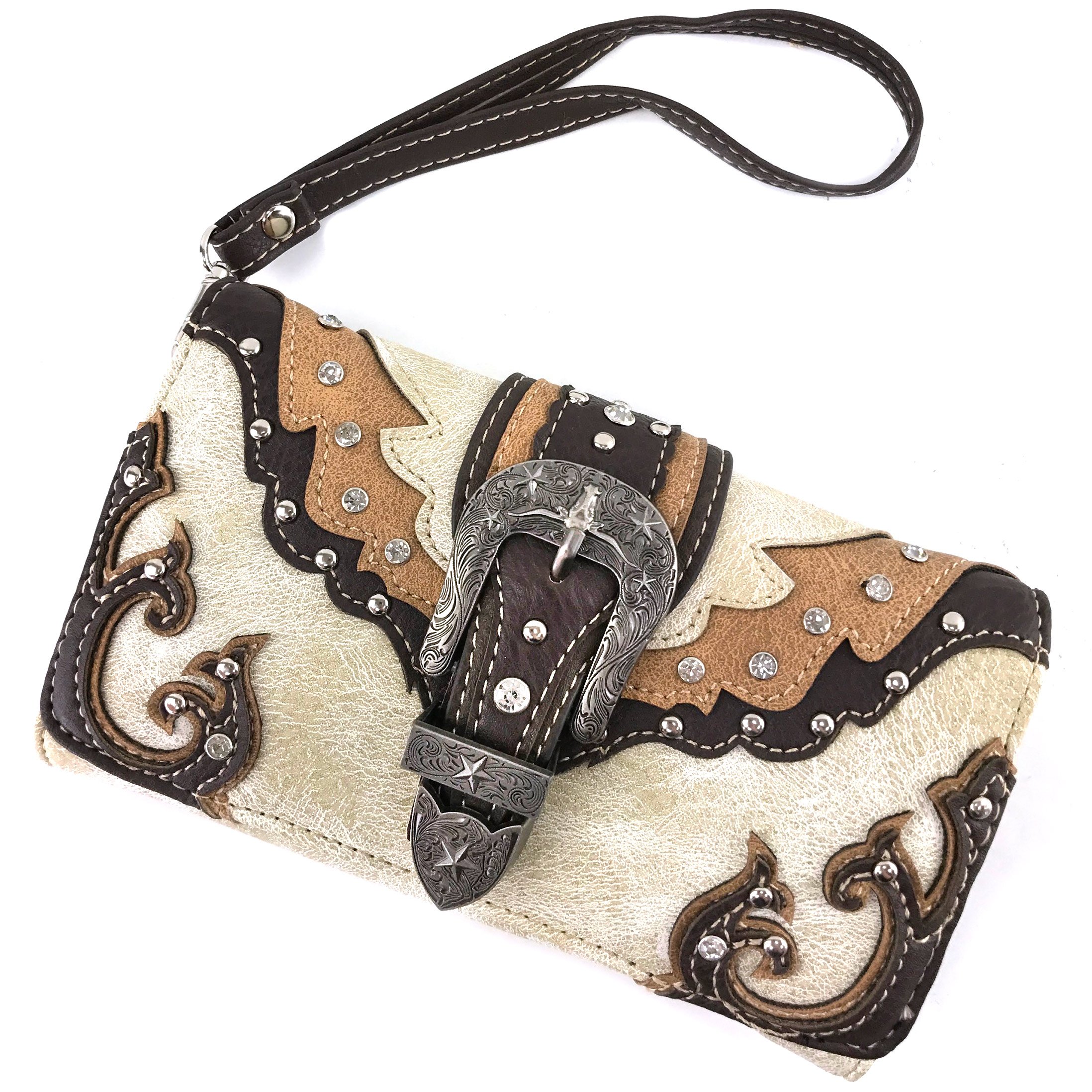 Justin West Longhorn Texas Star Tooled Buckle Shoulder Handbag Purse Stud Rhinestone Cross Concealed Carry (Beige wallet)