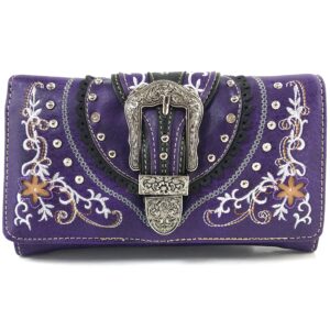 justin west concealed carry laser cut tritone flower embroidered vines leaves tooled flower buckle crossbody messenger handbag | trifold wallet (purple trifold wallet only)