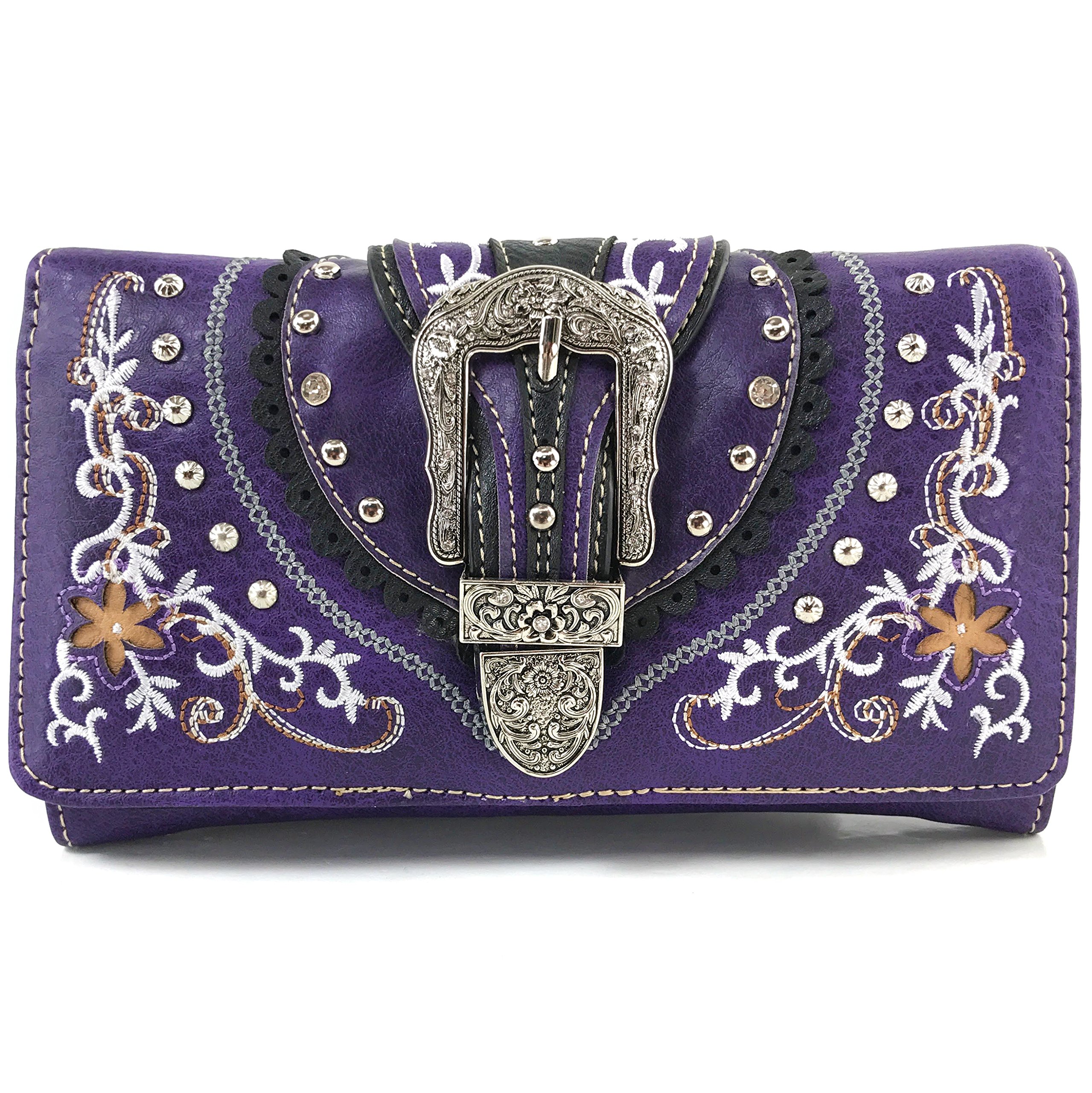 Justin West Concealed Carry Laser Cut Tritone Flower Embroidered Vines Leaves Tooled Flower Buckle Crossbody Messenger Handbag | Trifold Wallet (Purple Trifold Wallet ONLY)