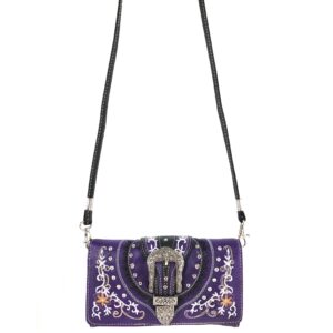 Justin West Concealed Carry Laser Cut Tritone Flower Embroidered Vines Leaves Tooled Flower Buckle Crossbody Messenger Handbag | Trifold Wallet (Purple Trifold Wallet ONLY)