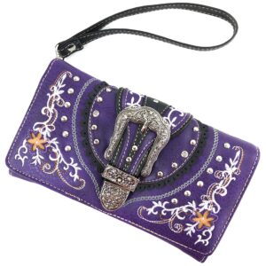 Justin West Concealed Carry Laser Cut Tritone Flower Embroidered Vines Leaves Tooled Flower Buckle Crossbody Messenger Handbag | Trifold Wallet (Purple Trifold Wallet ONLY)