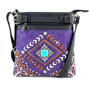 justin west concealed carry western tritone leather fringe strip bohemian arrow turquoise square concho laser cut embroidered flower messenger handbag (purple messenger bag only)