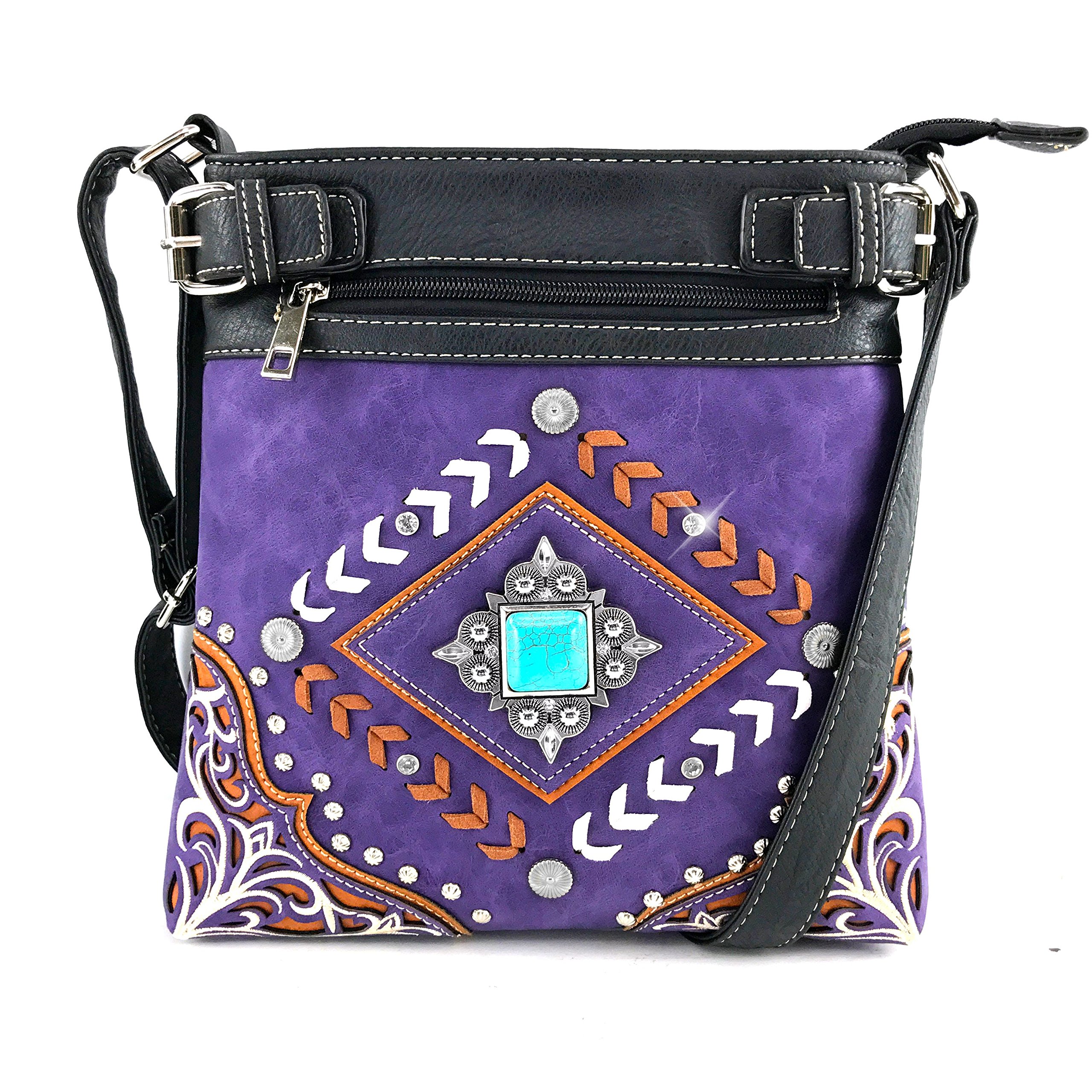 Justin West Concealed Carry Western Tritone Leather Fringe Strip Bohemian Arrow Turquoise Square Concho Laser Cut Embroidered Flower Messenger Handbag (Purple Messenger Bag ONLY)