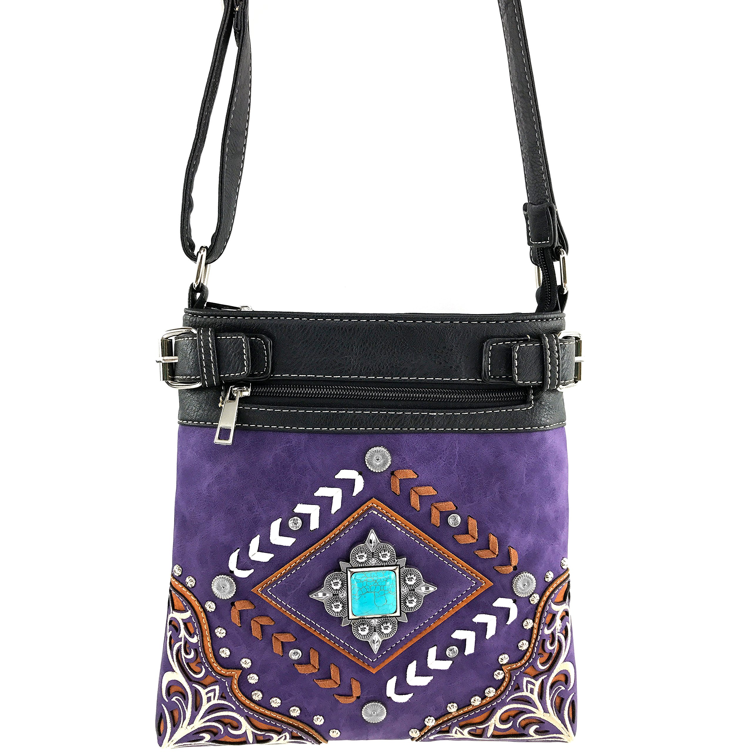 Justin West Concealed Carry Western Tritone Leather Fringe Strip Bohemian Arrow Turquoise Square Concho Laser Cut Embroidered Flower Messenger Handbag (Purple Messenger Bag ONLY)