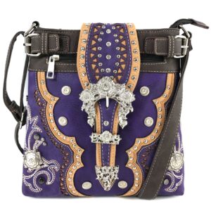 justin west concealed carry western silver flower buckle laser cut embroidered triple layer studded crossbody messenger | trifold wallet (purple messenger only)