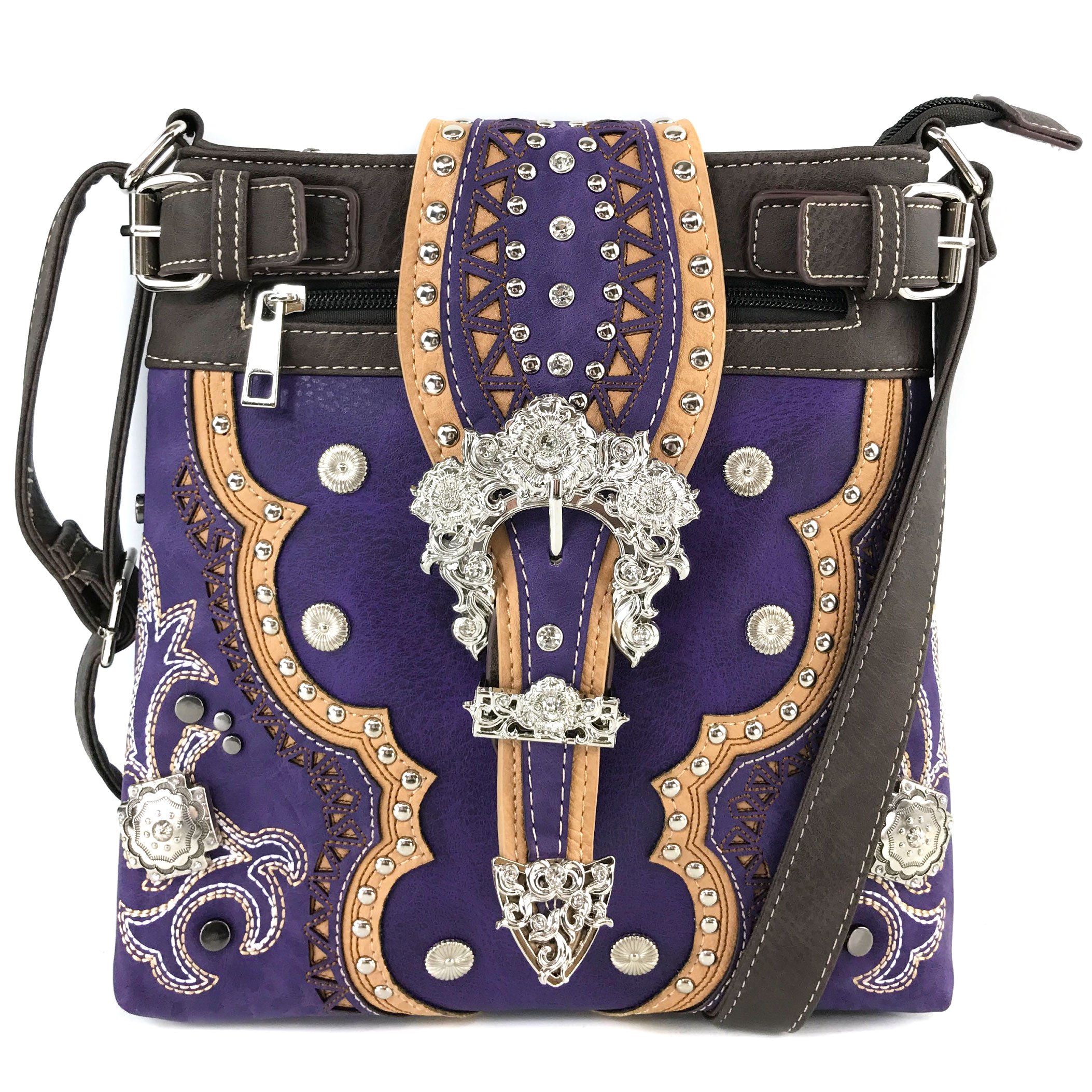 Justin West Concealed Carry Western Silver Flower Buckle Laser Cut Embroidered Triple Layer Studded Crossbody Messenger | Trifold Wallet (Purple Messenger ONLY)