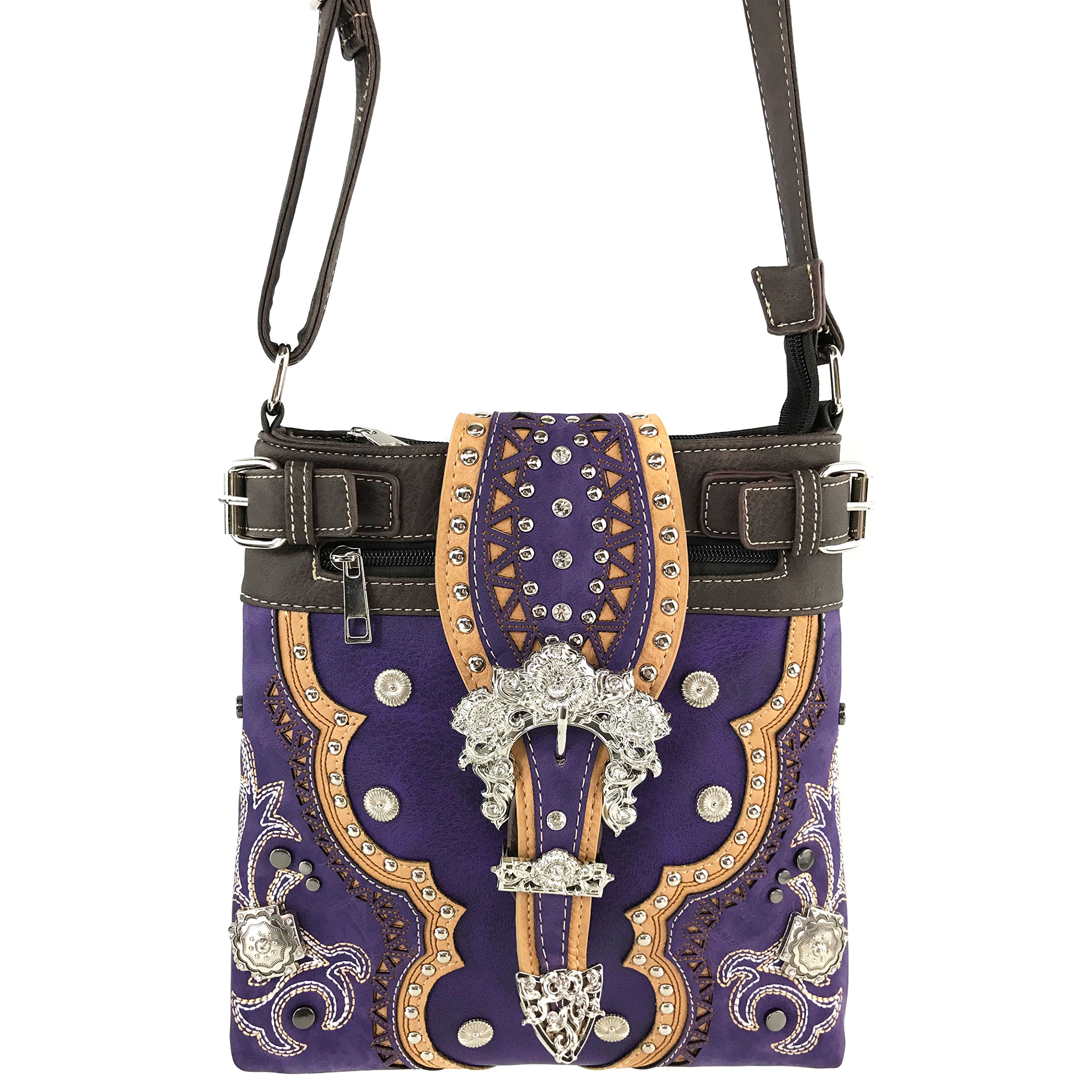 Justin West Concealed Carry Western Silver Flower Buckle Laser Cut Embroidered Triple Layer Studded Crossbody Messenger | Trifold Wallet (Purple Messenger ONLY)