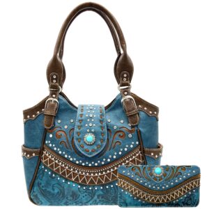 rustic western floral tooled laser cut turquoise concho studded tote purse bag wallet set (teal)