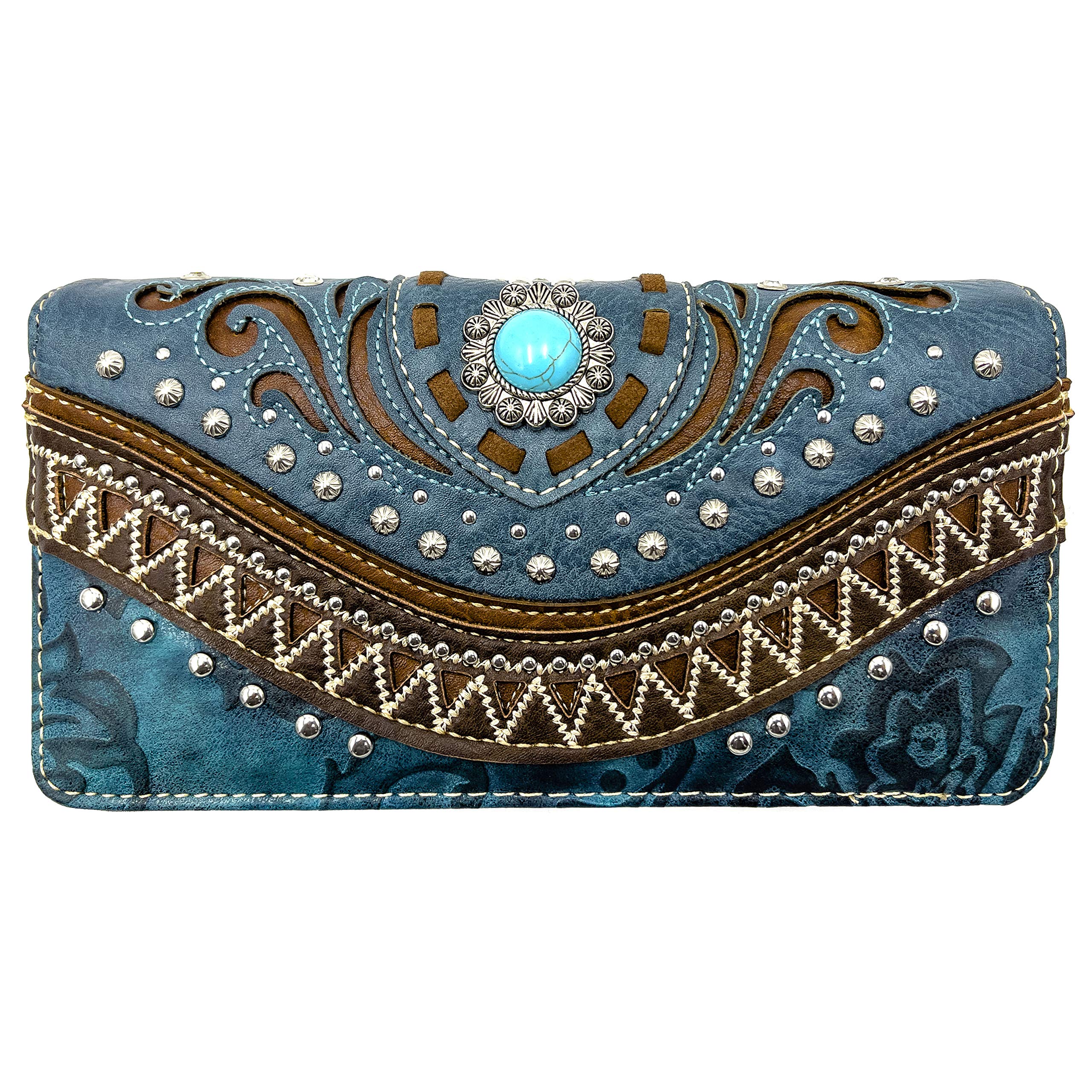 Rustic Western Floral Tooled Laser Cut Turquoise Concho Studded Tote Purse Bag Wallet Set (Teal)