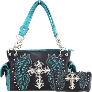 western style rhinestone cross studded laser cut wings tooled leather purse women handbags country shoulder bag wallet set (2black/turq set)