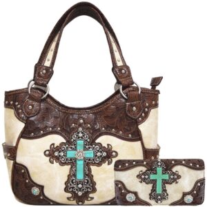 western style rhinestone cross conchos studded women purse tooled leather handbag country shoulder bag trifold wallet set (beige #2)