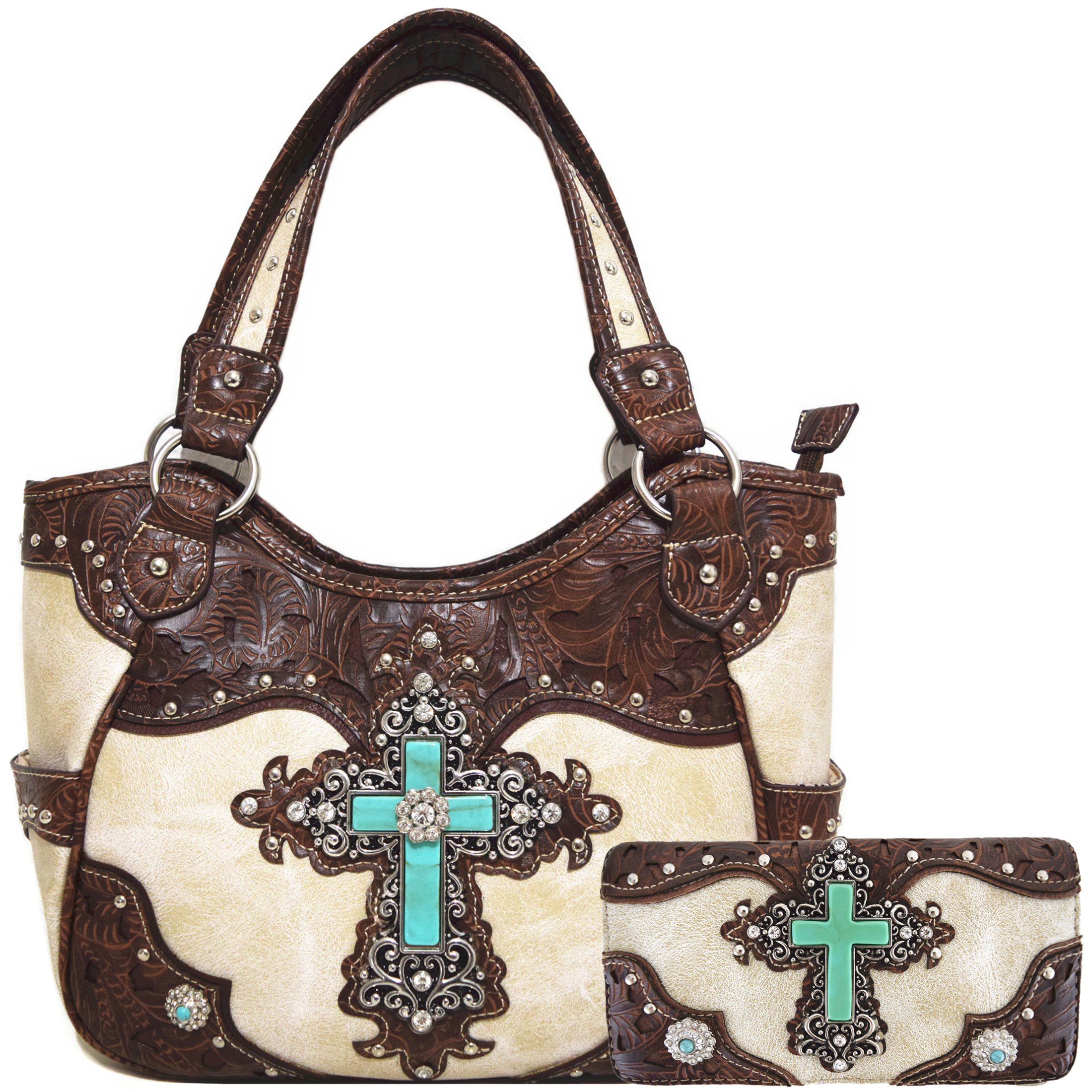 Western Style Rhinestone Cross Conchos Studded Women Purse Tooled Leather Handbag Country Shoulder Bag Trifold Wallet Set (Beige #2)