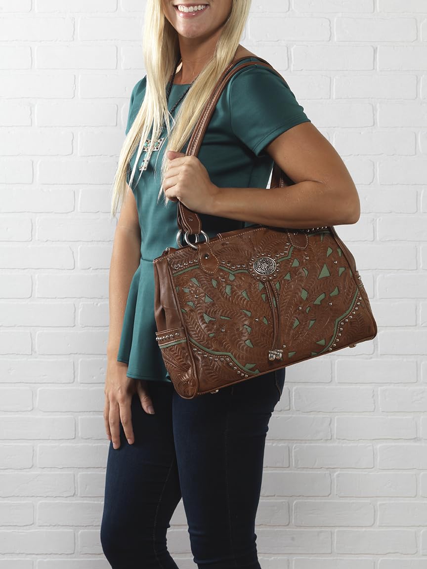 American West Leather Multi Compartment Shoulder Bag - Lady Lace Brown/Turquoise