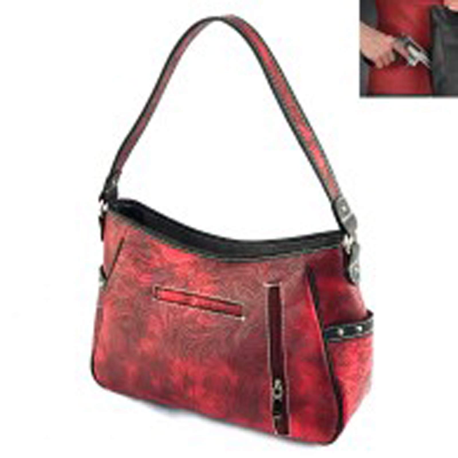 Tooled Leather Laser Cut Concealed Carry Purses Feather Country Western Handbags Shoulder Bags Wallet Set (red)