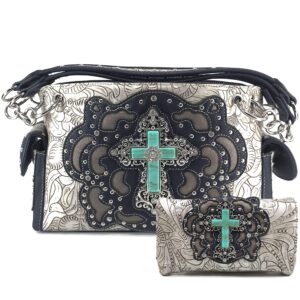 zelris western turquoise rhinestone cross women conceal carry handbag wallet set (silver)