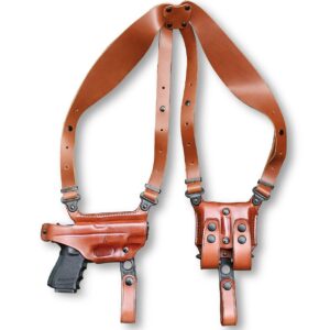 premium leather horizontal shoulder holster system with double magazine carrier for standard sigg p365 with out rail 9mm micro compact 3.1''bbl, right hand draw, brown color #1329#