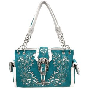 justin west tooled western leather turquoise concho rhinestone buckle studded shoulder concealed carry handbag purse (teal)