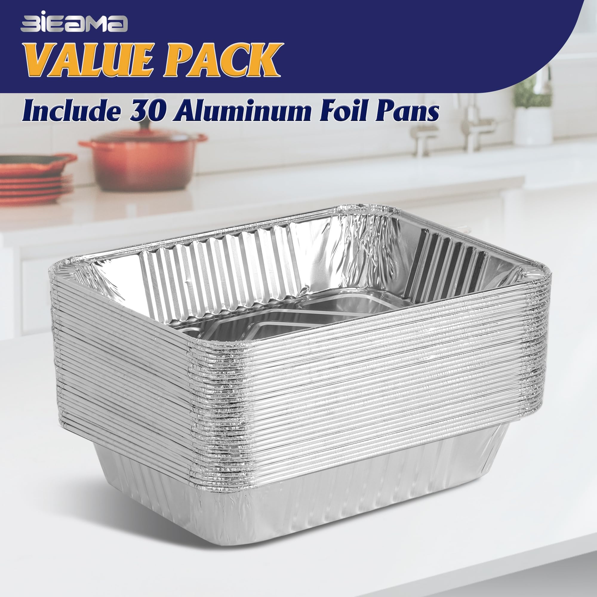 BIEAMA 30 Pack Aluminum Pans 9x13 Foil Pans Half Size Disposable Foil Pans Tin Tray for Baking, Cooking, Heating, Prepping Food