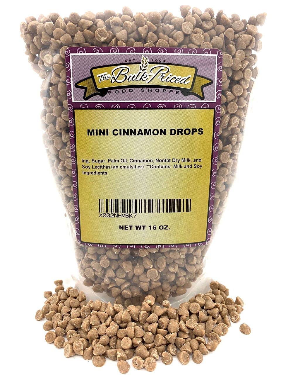 Mini Cinnamon Drops, Bulk Size, Baking Chips (1 lb. Resealable Zip Lock Stand Up Bag)