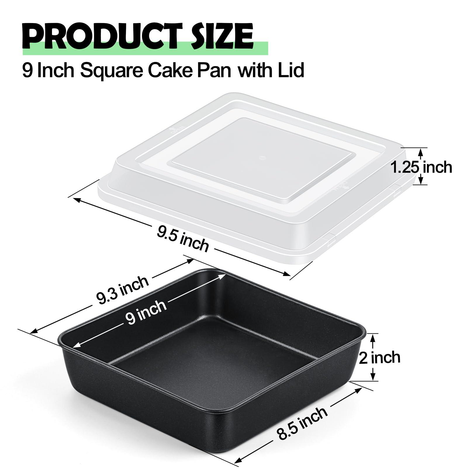 TeamFar 9 Inch Square Cake Pan with Lid, Non-Stick Square Baking Roasting Pan, with Stainless Steel Core for Cooking Cake Brownie Lasagna, Non-Toxic & Heavy-Duty, Release & Clean Easily (1 Pan+1 Lid)