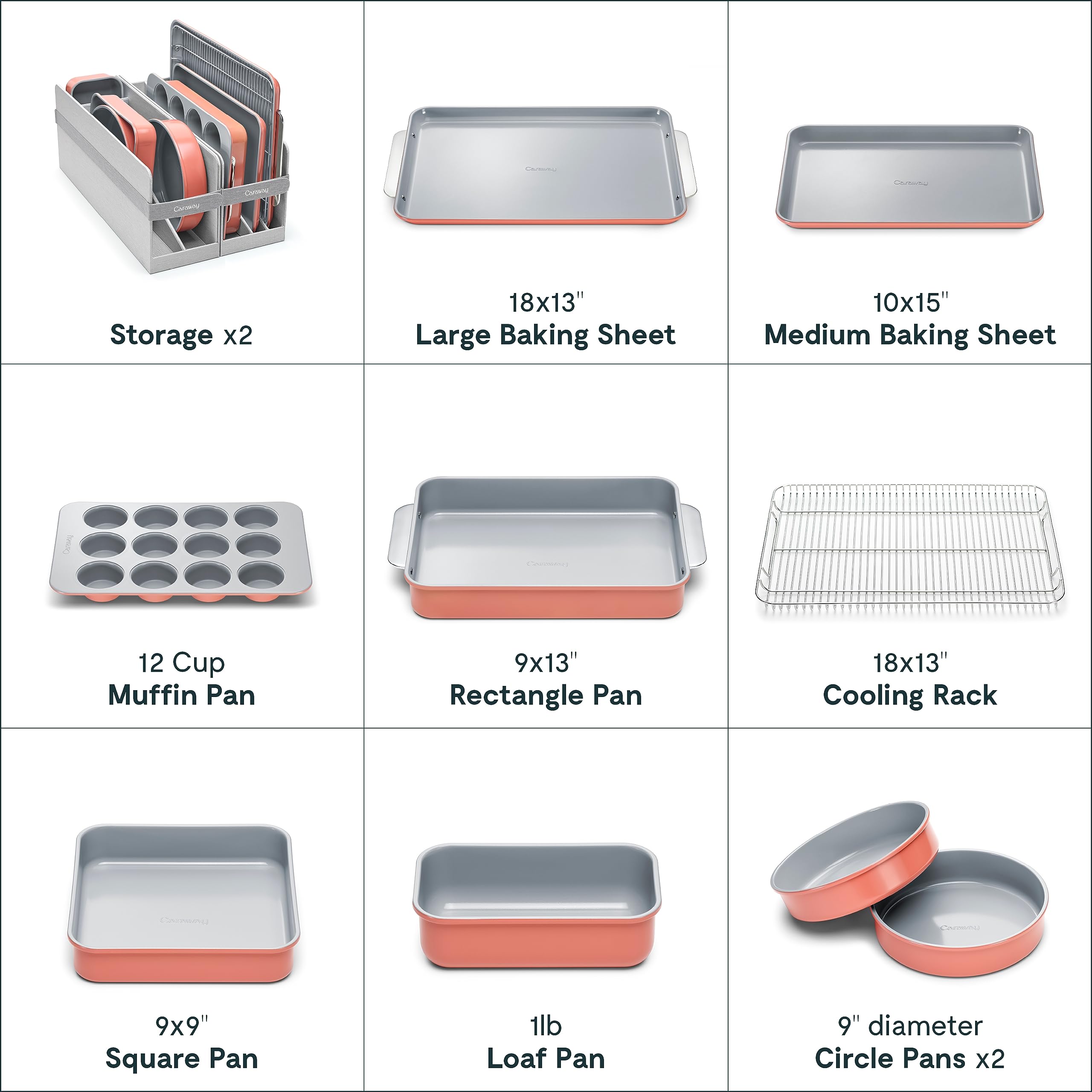 Caraway Nonstick Ceramic Bakeware Set (11 Pieces) - Baking Sheets, Assorted Baking Pans, Cooling Rack, & Storage - Aluminized Steel Body - Non Toxic, PTFE & PFOA Free - Perracotta