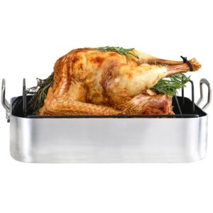 kitessensu hard anodized nonstick roasting pan with rack - 16 x 12 inch aluminum turkey roaster baking pan for oven - oven safe & compatible with all stovetops, silver