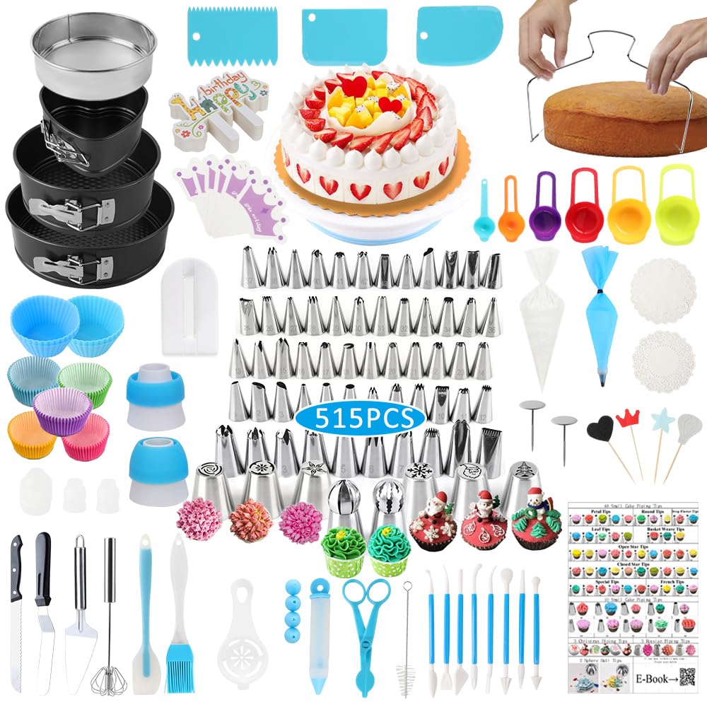 Cake Decorating Kit Supplies, 515 PCS Baking Supplies Set with 3 Springform Pan Sets, 66Icing Piping Nozzles, Cake Rotating Turntable, Piping Bags, Valentines Day Gifts for Her Mom Wife