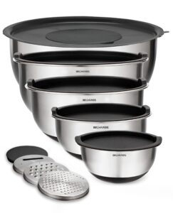 belwares mixing bowls with lids set - nesting bowls with airtight lids + graters - stainless steel non-slip mixing bowl for baking, food storage and prepping (black, 5-piece set)