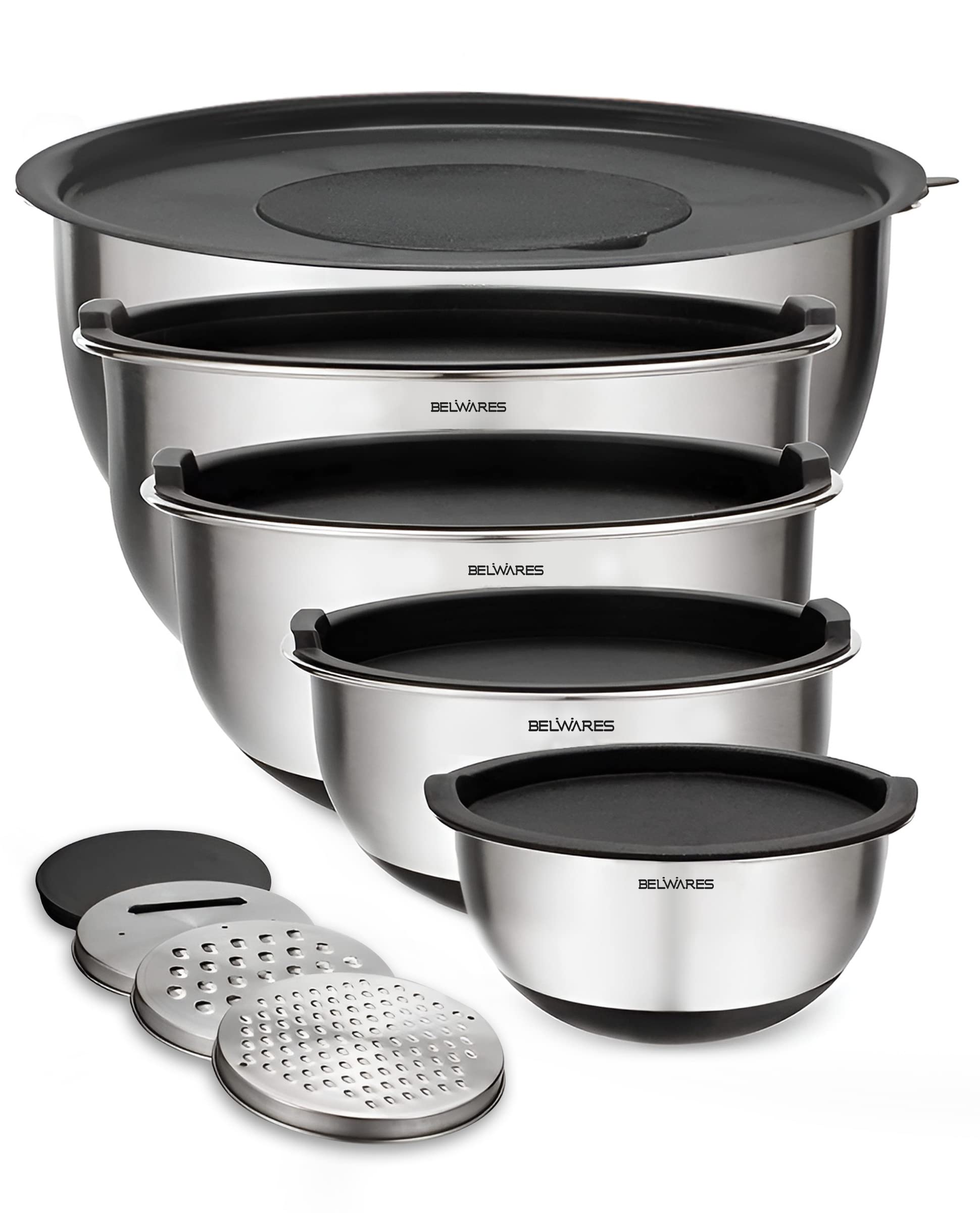 Belwares Mixing Bowls with Lids Set - Nesting Bowls with Airtight Lids + Graters - Stainless Steel Non-Slip Mixing Bowl for Baking, Food Storage and Prepping (Black, 5-Piece Set)