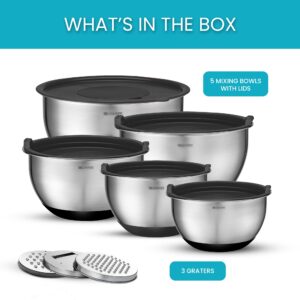 Belwares Mixing Bowls with Lids Set - Nesting Bowls with Airtight Lids + Graters - Stainless Steel Non-Slip Mixing Bowl for Baking, Food Storage and Prepping (Black, 5-Piece Set)