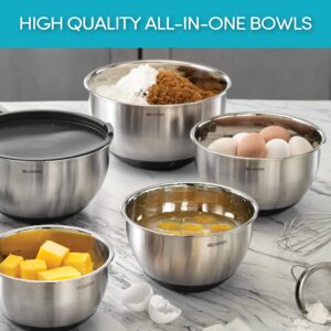 Belwares Mixing Bowls with Lids Set - Nesting Bowls with Airtight Lids + Graters - Stainless Steel Non-Slip Mixing Bowl for Baking, Food Storage and Prepping (Black, 5-Piece Set)