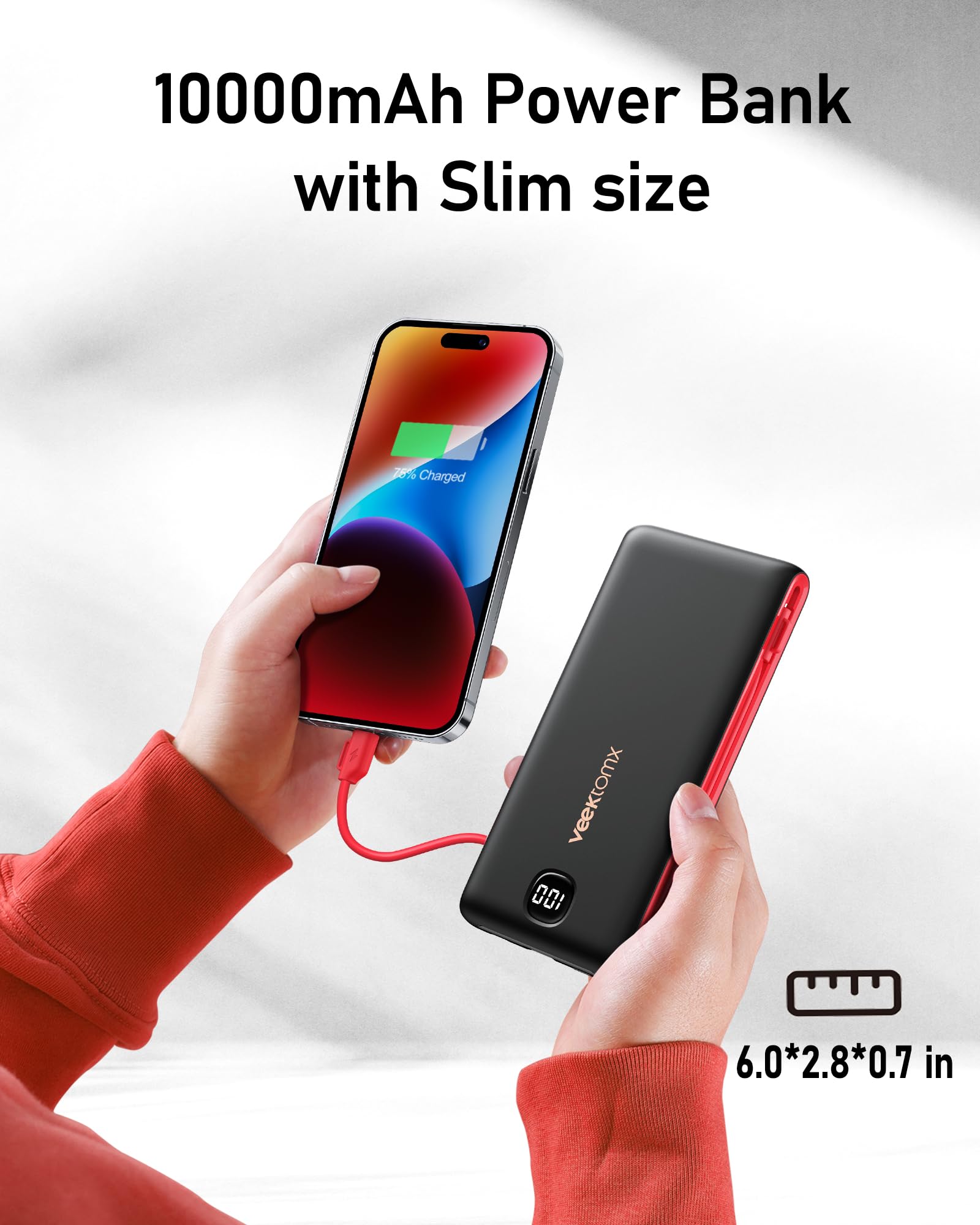 VEEKTOMX Portable Charger with Built in Cables 22.5W 10000mAh, Power Bank for iPhone with AC Wall Plug, Fast Charging USB C Slim Battery Pack with LED Display Compatible with iPhone15/14/13, Samsung