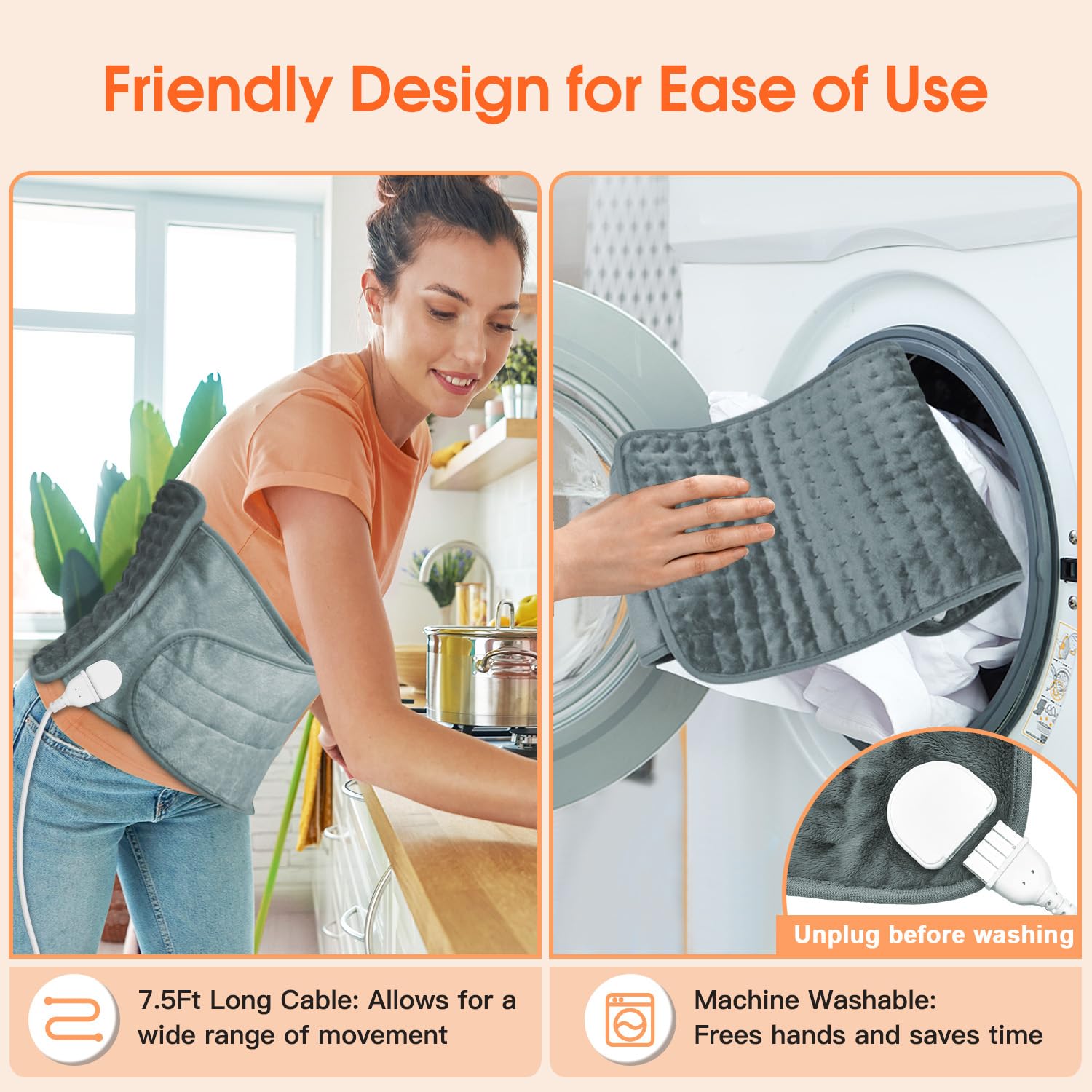 Heating Pad for Back Pain Relief, Electric Heating Pad 12"x24"+20" Large Heat Pad with Loop Fasten, Auto Shut Off, 6 Heat Setting, Moist Heating Pad for Cramps, Menstrual Pain,Neck and Shoulders