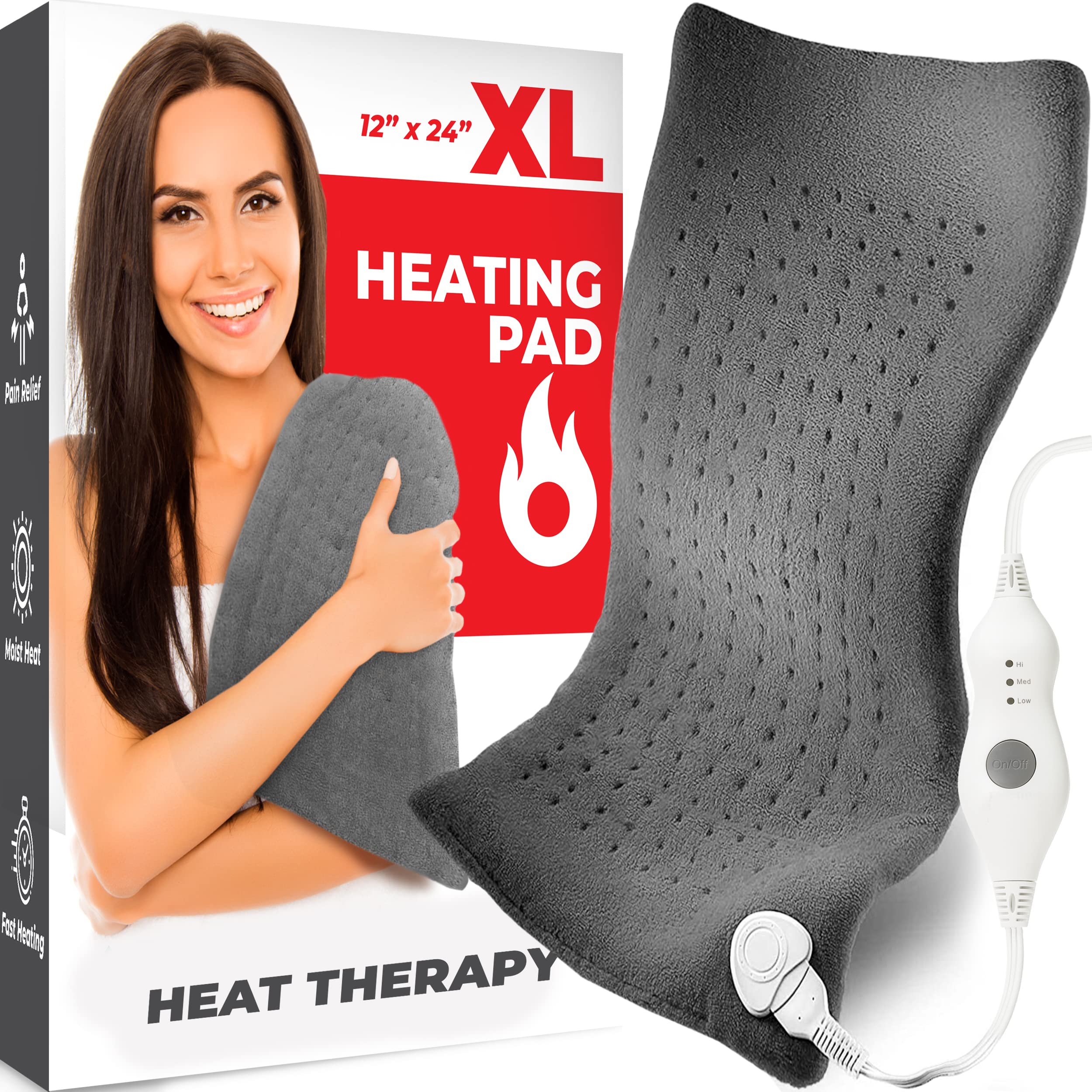 Extra Large Heating Pad (Washable), Back Heating Pad (Relieves Muscle Pain & Spasms), Heating Pad for Back Pain Relief (Ultra Plush Soft Fleece), Heating Pad with Auto Shut Off, Body Heating Pad Gray