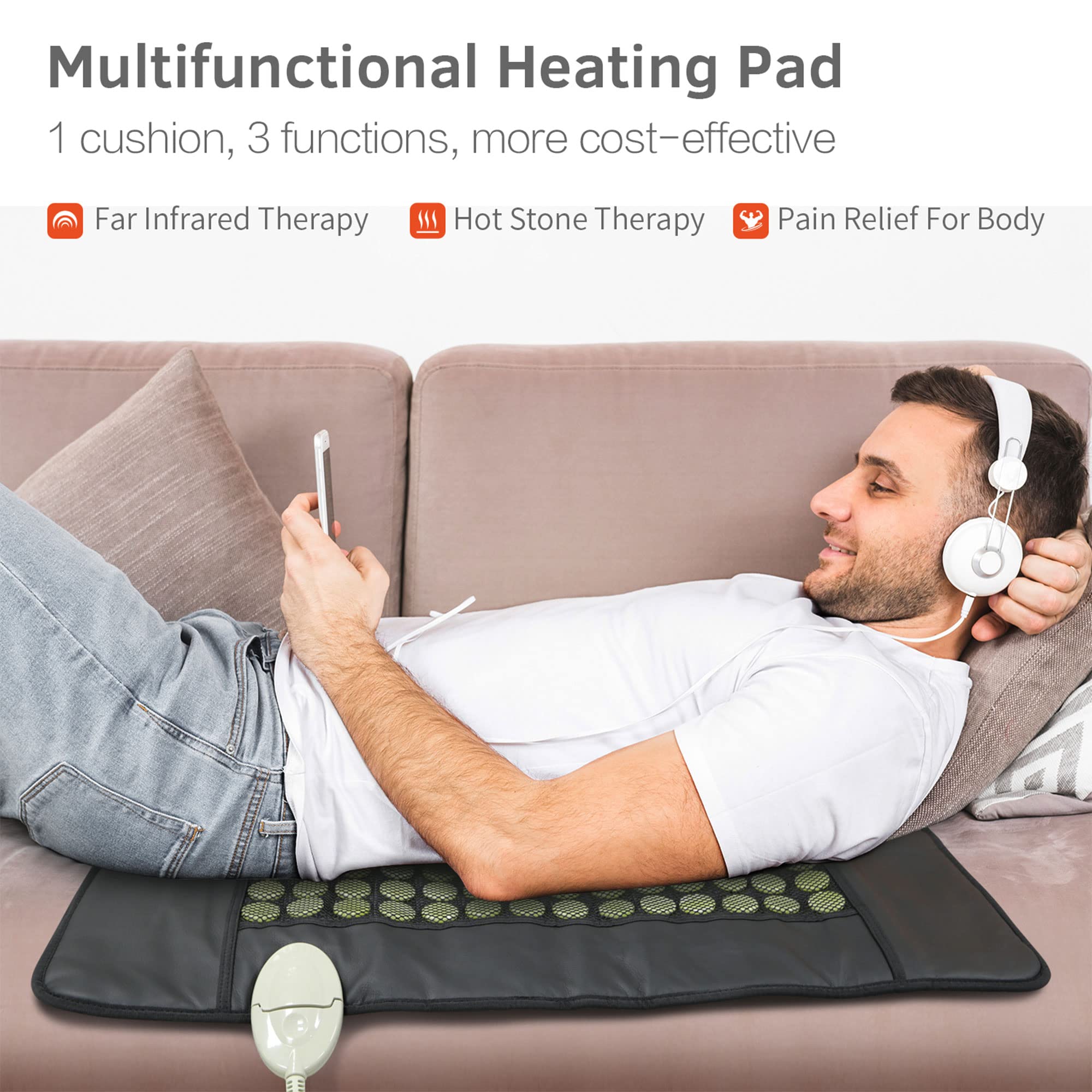 UTK 31 by 21 Inches Jade Stone Far Infrared Heating Pad for Back, Abdomen, and Leg Pain Relief with Smart Remote Controller and Carry Bag