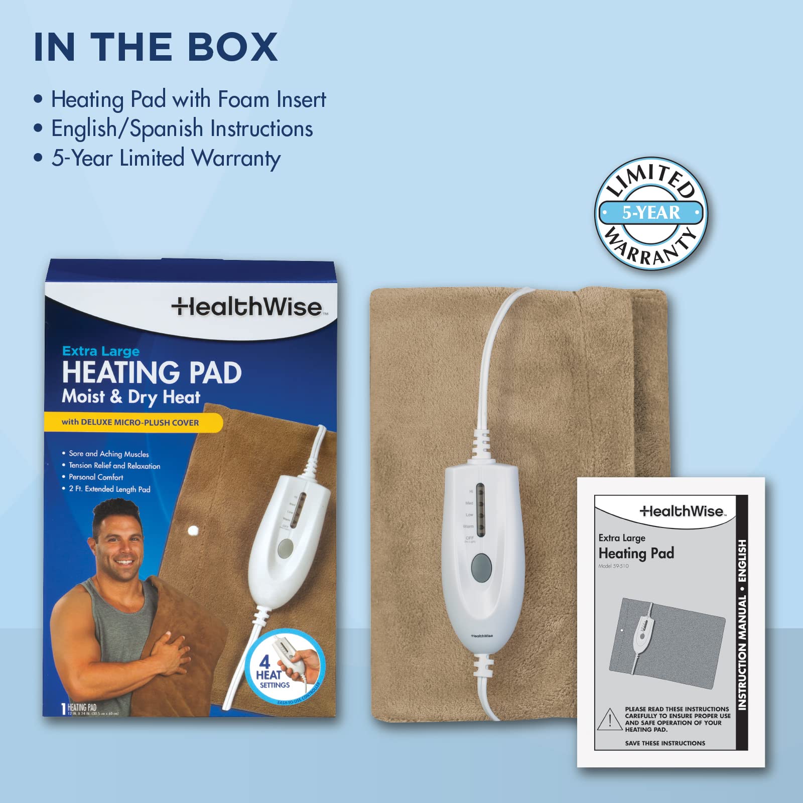 HealthWise Deluxe Extra Large 12” x 24” Heating Pad with Moist & Dry Heat | Four-Heat Settings | Soothing Warm Relief