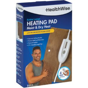 HealthWise Deluxe Extra Large 12” x 24” Heating Pad with Moist & Dry Heat | Four-Heat Settings | Soothing Warm Relief