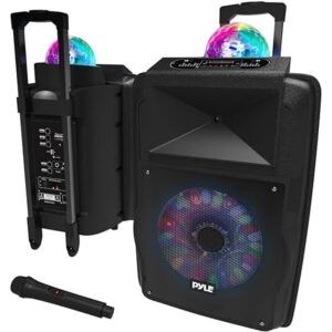 pyle wireless portable pa speaker system - 700 w battery powered rechargeable sound speaker and microphone set with bluetooth mp3 usb micro sd fm radio aux 1/4" dj lights - for pa / party