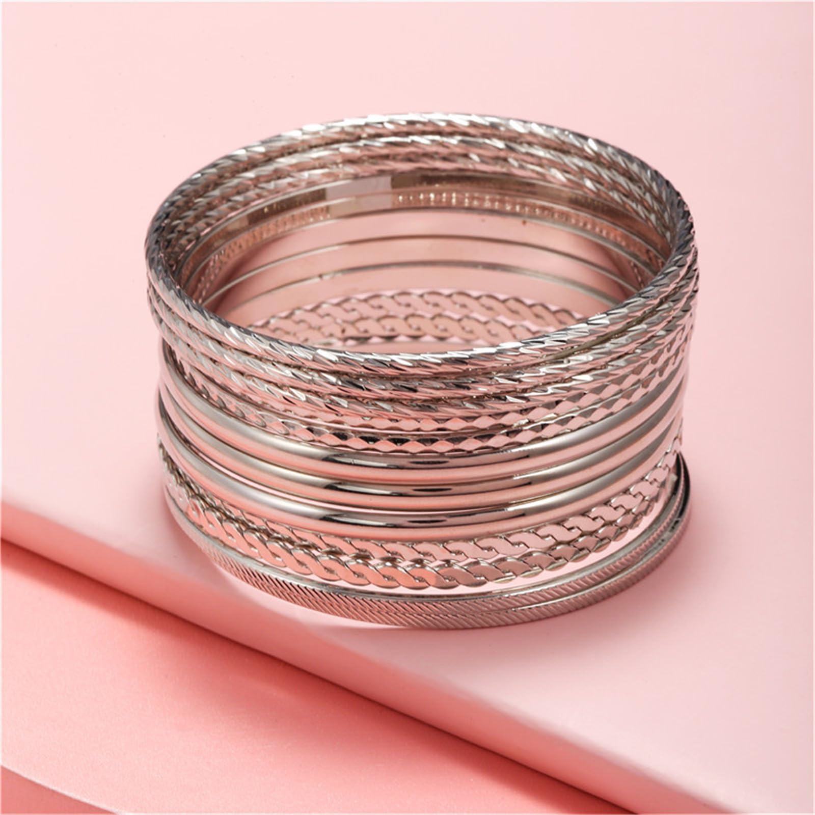 Bohemian Indian Chunky Stackable Textured Bangle Bracelet Set Multilayer Boho Cable Rhinestone Bead Bracelet for Women Teen Girl Friend Vintage African Wedding Jewelry Birthday Gift-B silver-1