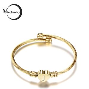 MiniJewelry Gold Women Girls Letter J Initial Bracelets Love Heart Charm Alphabet Name Cuff Bangle Bracelet Stainless Steel