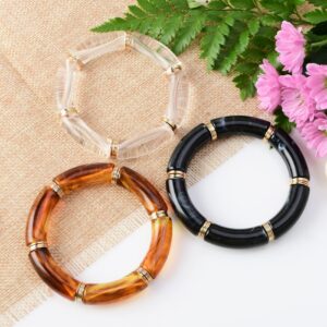 GOOJIDS Bamboo Tube Bangles Bracelet Chunky Curved Stacking Clear Acrylic Colorful Beads Stretchable Friendship Gold Bracelets Gift For Women (Q-Black 3pcs set)