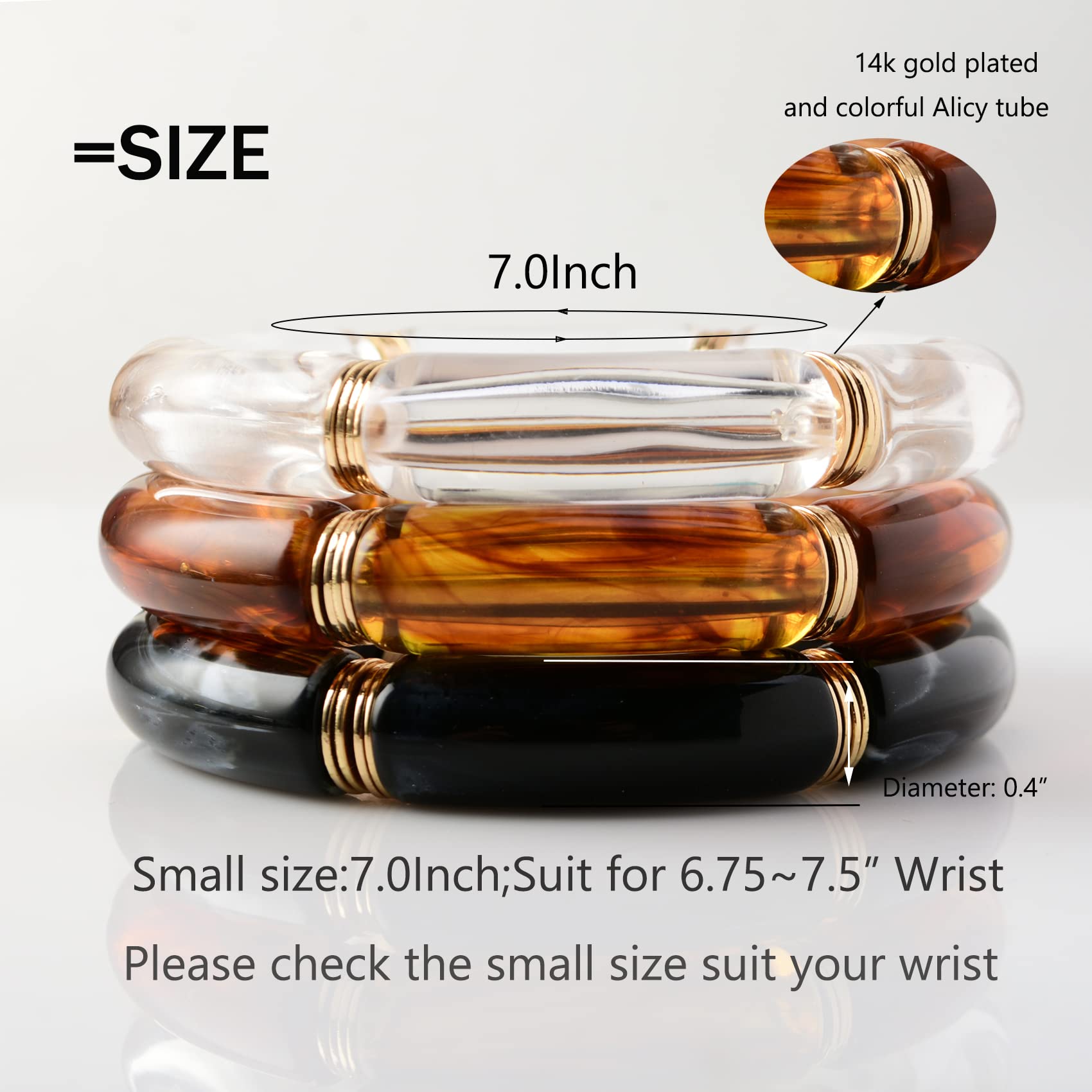 GOOJIDS Bamboo Tube Bangles Bracelet Chunky Curved Stacking Clear Acrylic Colorful Beads Stretchable Friendship Gold Bracelets Gift For Women (Q-Black 3pcs set)