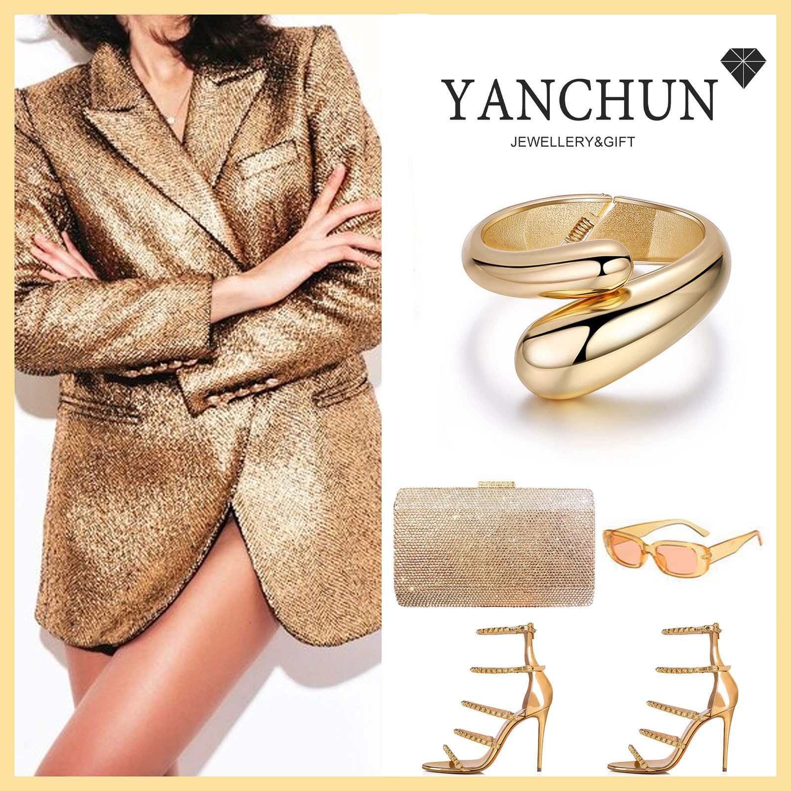 YANCHUN Gold Chunky Bracelet for Women Cuff Bangle Bracelets Hinge Gold Polished Frosted Bracelets Irregular Wrist Cuffs for Teen Girls