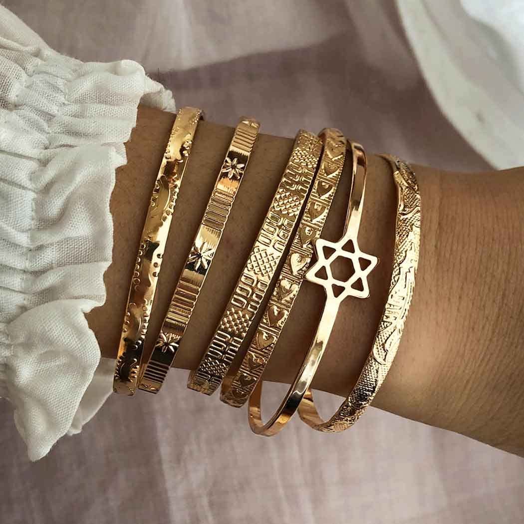 Sakytal Boho Gold Bangles Bracelets Layered Stackable Bracelet Set Hexagram Bracelet for Women