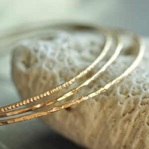 14k gold filled Bangles hammered slip on set of 3 textures, Mu-Yin Jewelry Handmade in USA (M)